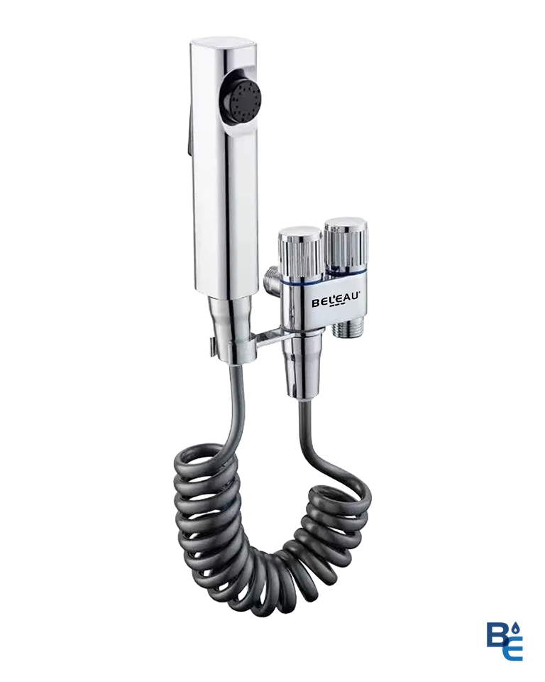 LLAVE ANGULAR DOBLE CON MANGUERA DUCHADOR CROMO | griferiabeleau