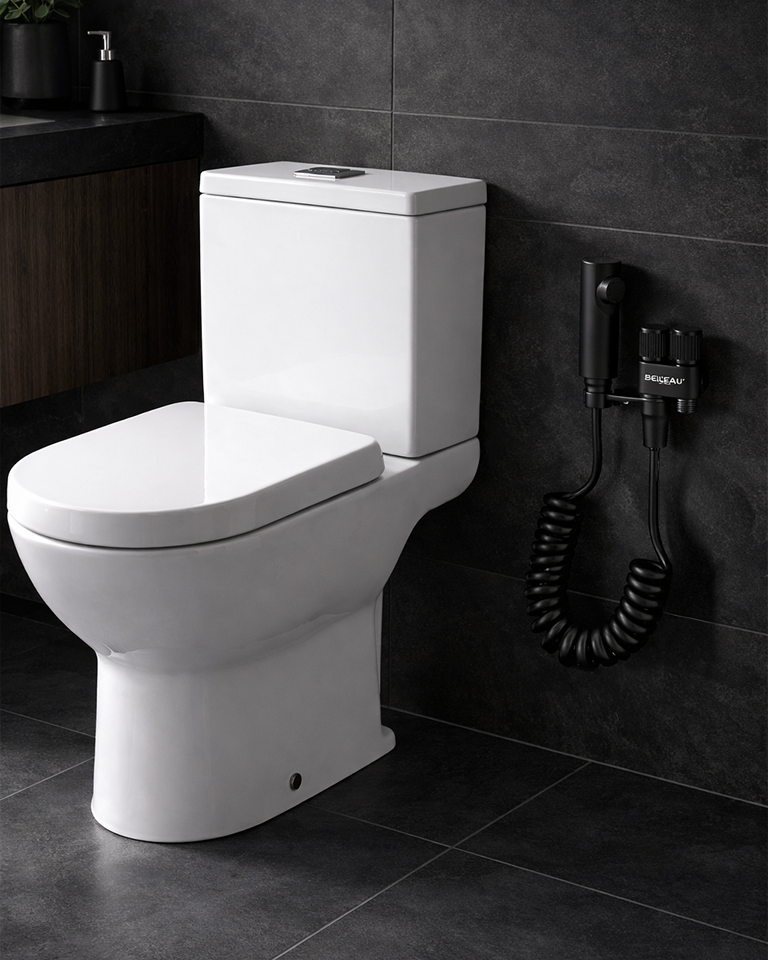 LLAVE ANGULAR DOBLE CON MANGUERA DUCHADOR NEGRO | griferiabeleau